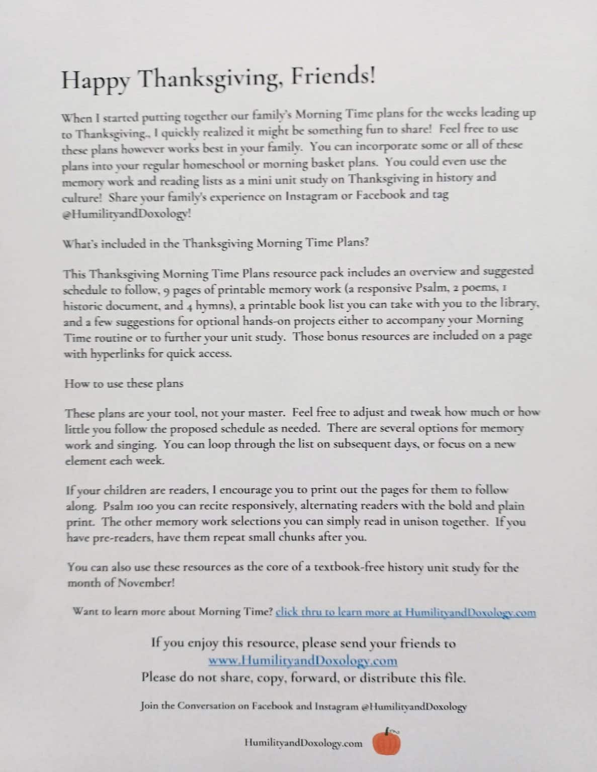 Thanksgiving Morning Time Resource Pack | Humility and Doxology